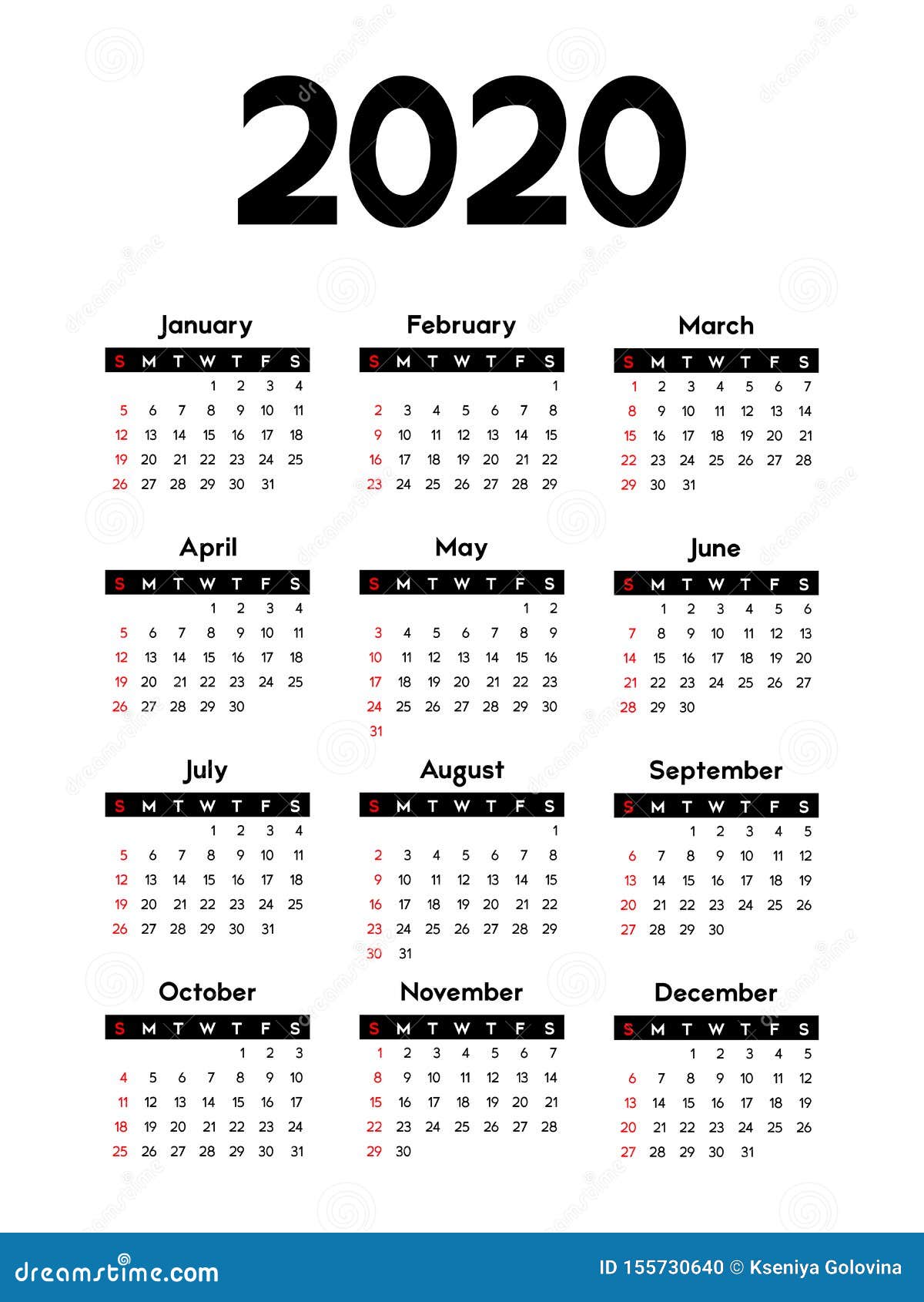 Calendar 2020 Week Starts From Sunday Business Template