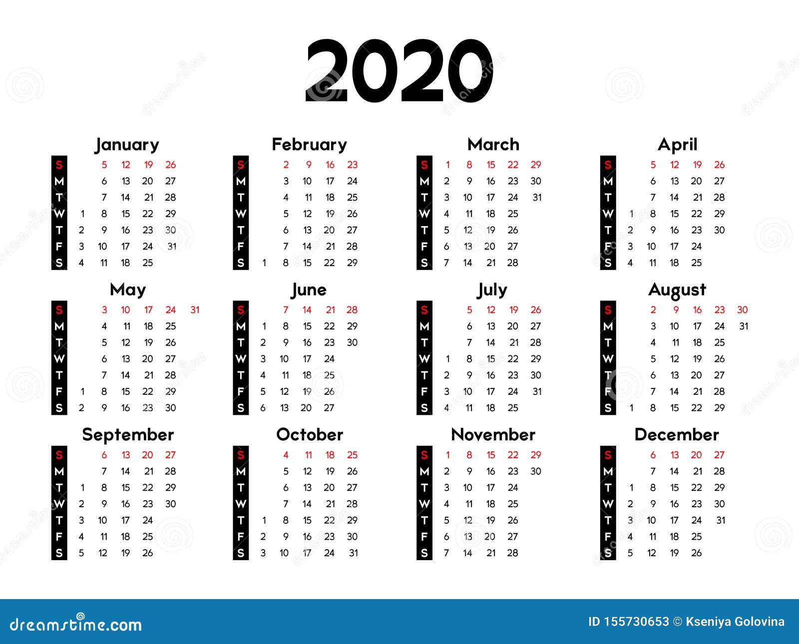 Calendar 2020, Week Starts on Sunday, Basic Business Template Stock ...