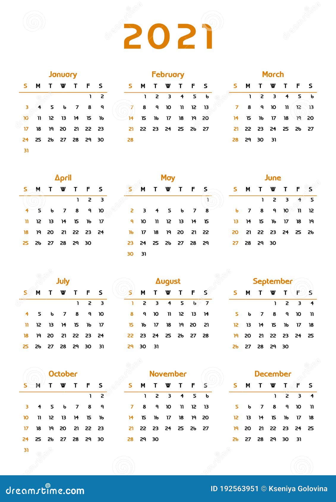 Calendar 2021, Week Starts on Sunday, Basic Business Template Stock ...