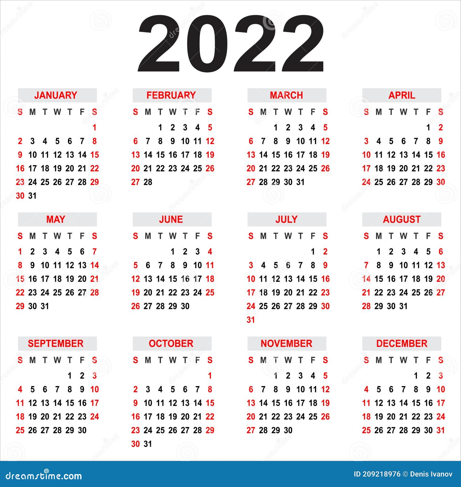 Calendar 2022. Week Starts on Sunday Stock Vector - Illustration of ...