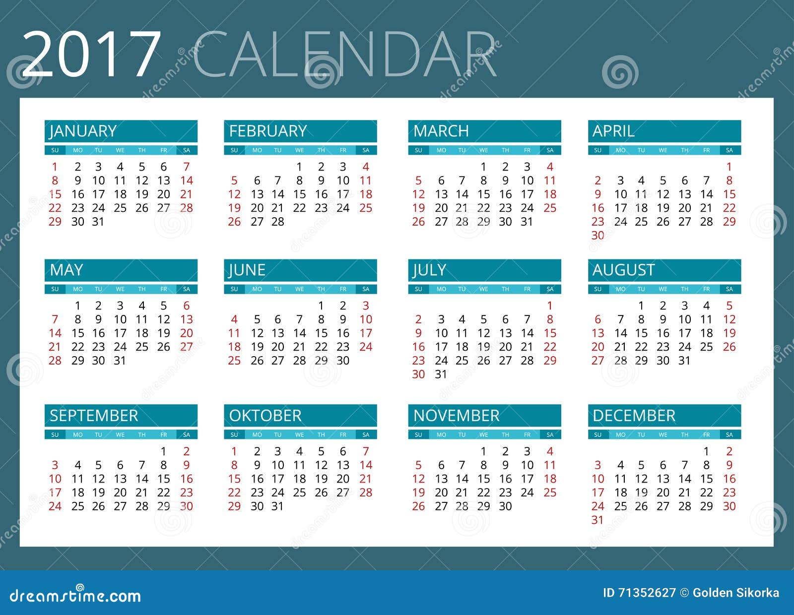 Calendar for 2017. Week Starts Sunday. Simple Vector Design. Stock ...