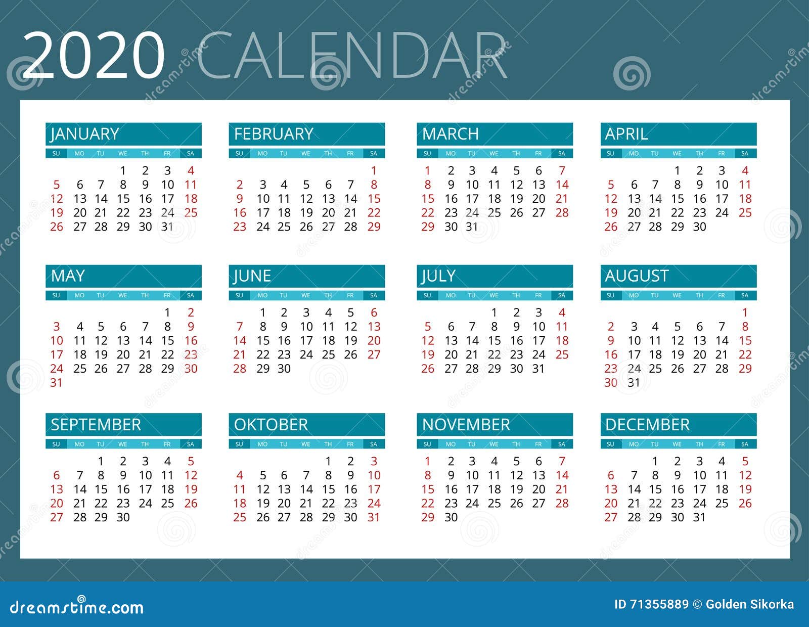 Calendar for 2020. Week Starts Sunday. Simple Vector Design. Stock ...