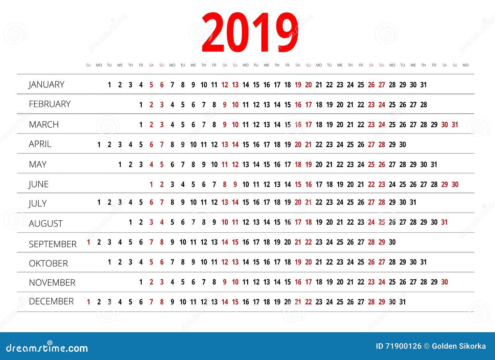 Calendar for 2019. stock vector. Illustration of graphic - 71900126