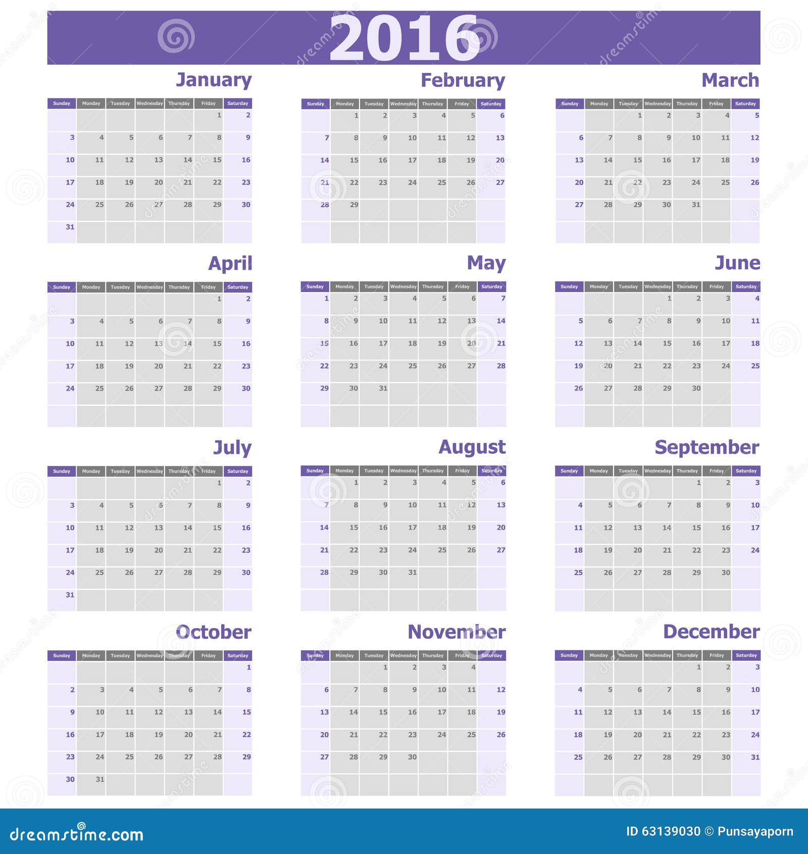 Calendar 2016 Week Starts from Sunday Stock Vector - Illustration of ...