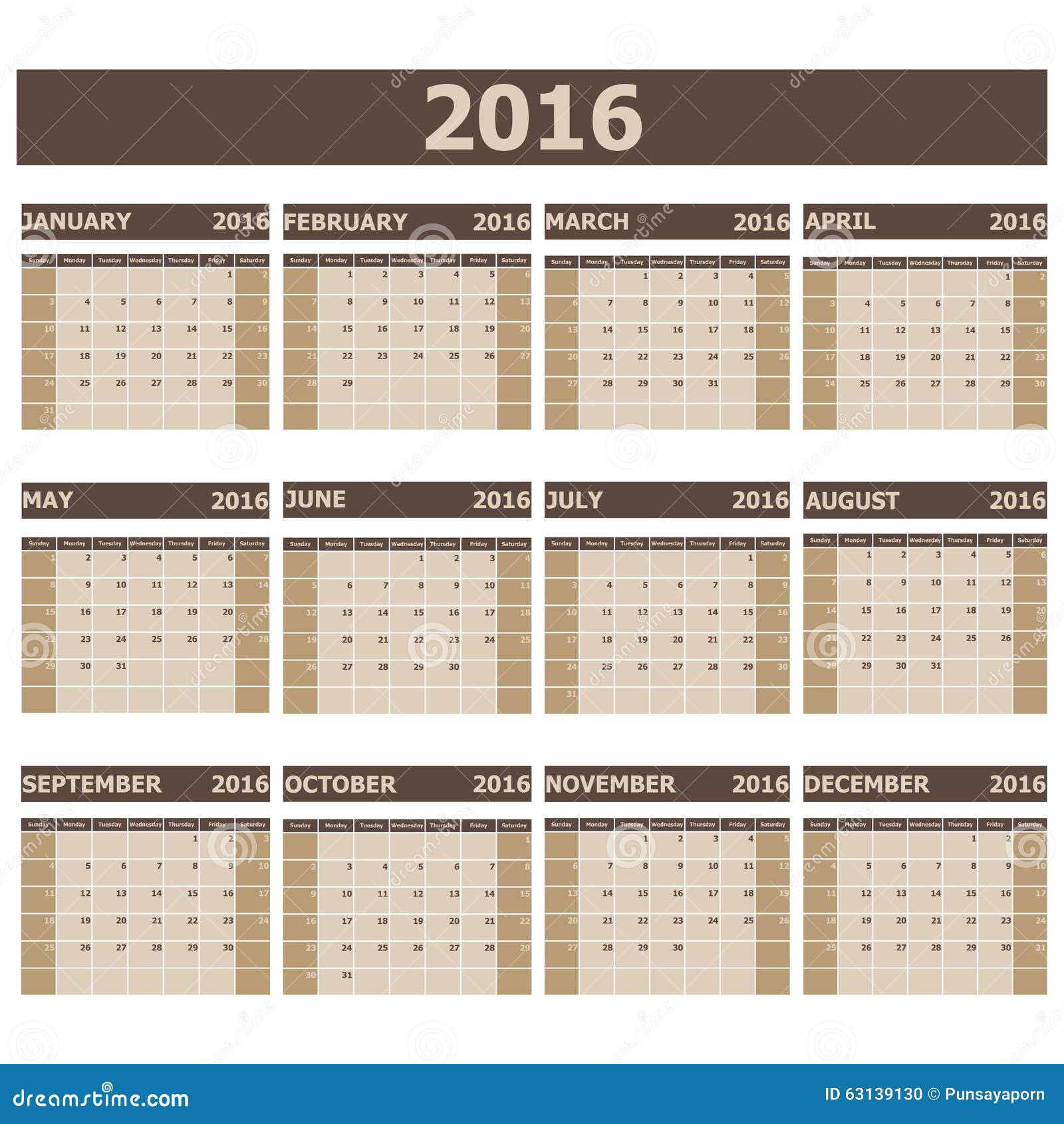 2016 Calendar Week Starts from Sunday Stock Vector - Illustration of ...