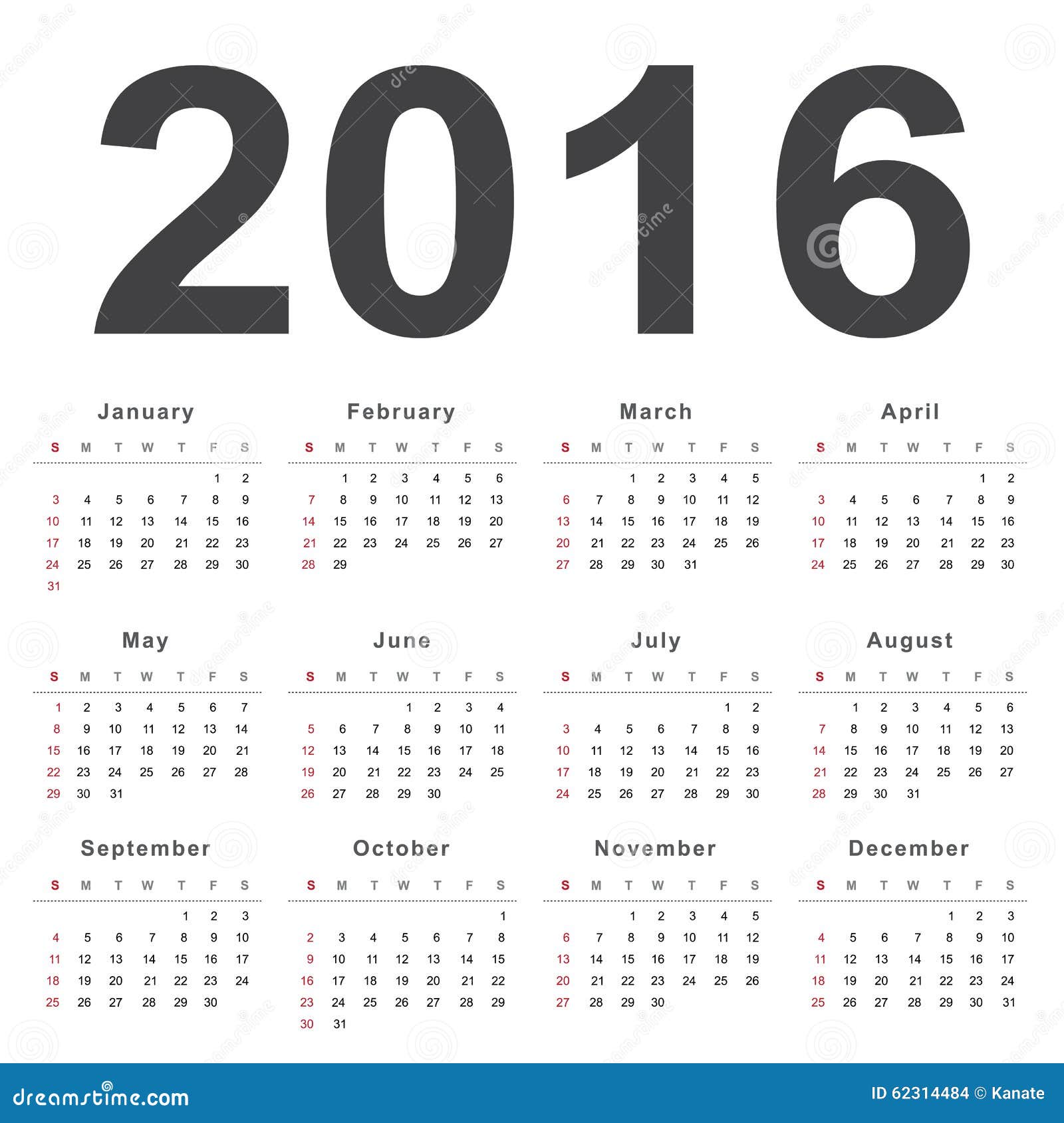 Calendar 2016. Week Starts from Sunday Stock Vector - Illustration of ...