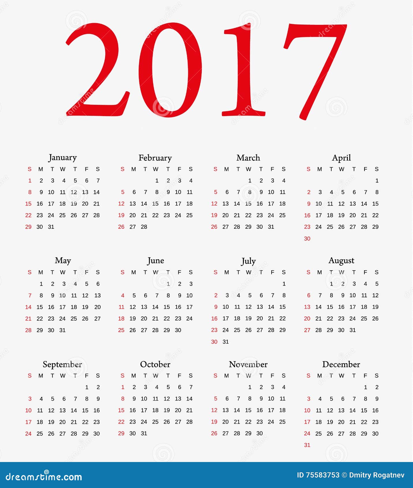 Calendar 2017. Week Starts from Sunday Stock Vector - Illustration of ...