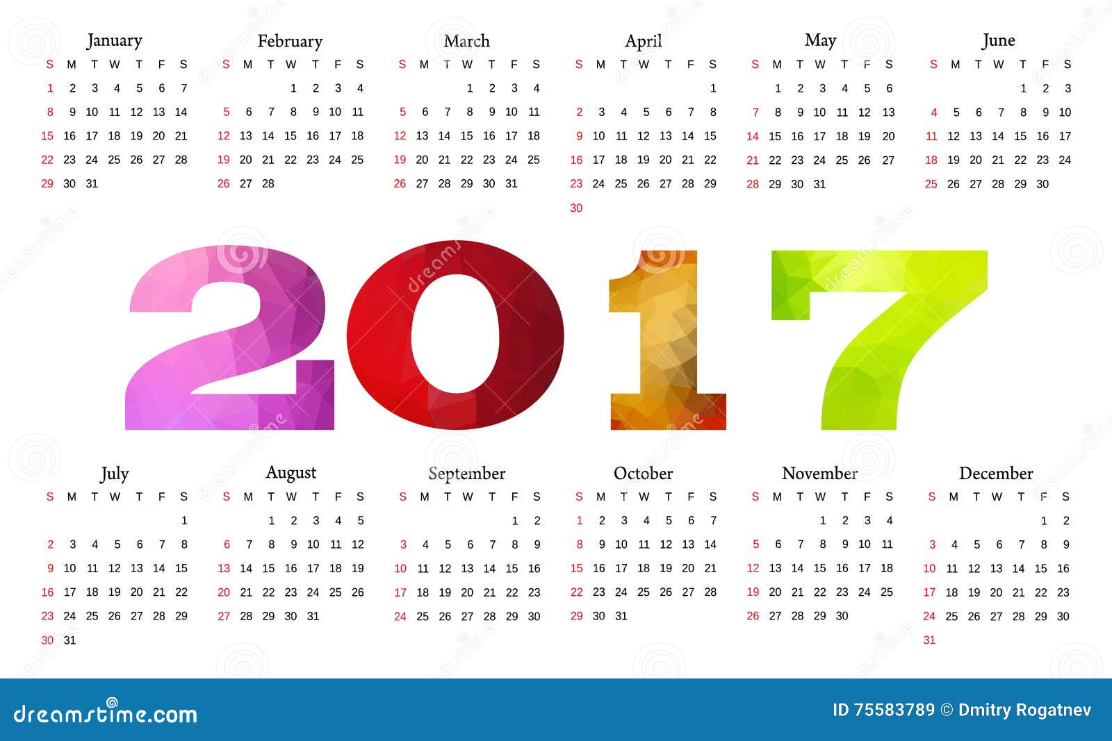Calendar 2017. Week Starts from Sunday Stock Vector - Illustration of ...