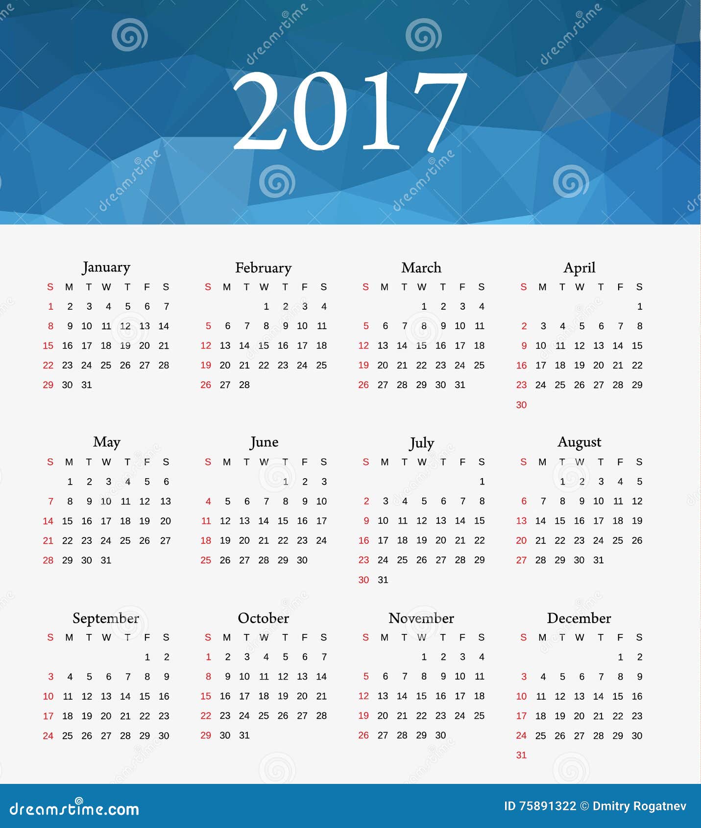 Calendar 2017. Week Starts from Sunday Stock Vector - Illustration of ...