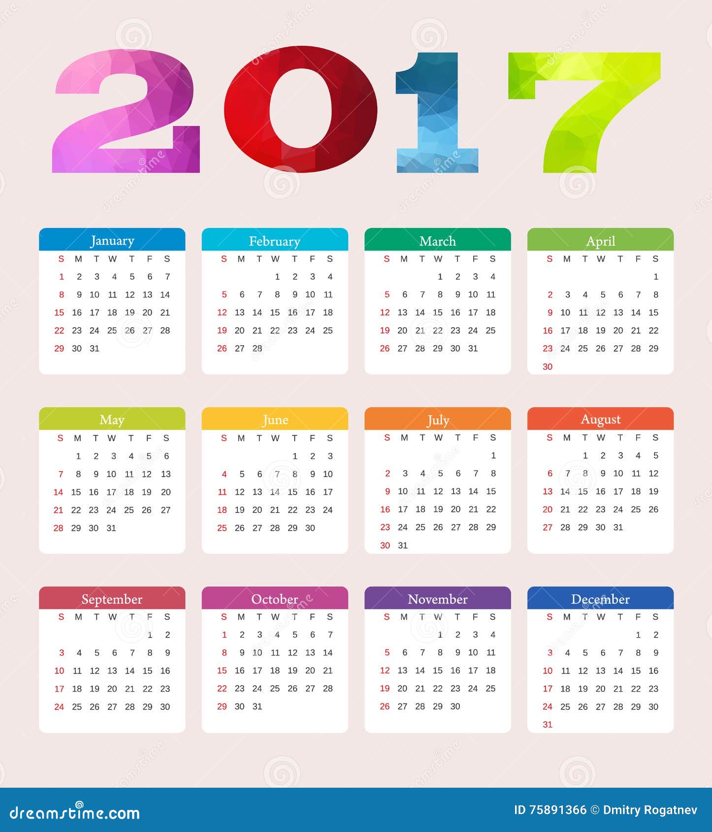 Calendar 2017. Week Starts from Sunday Stock Vector - Illustration of ...