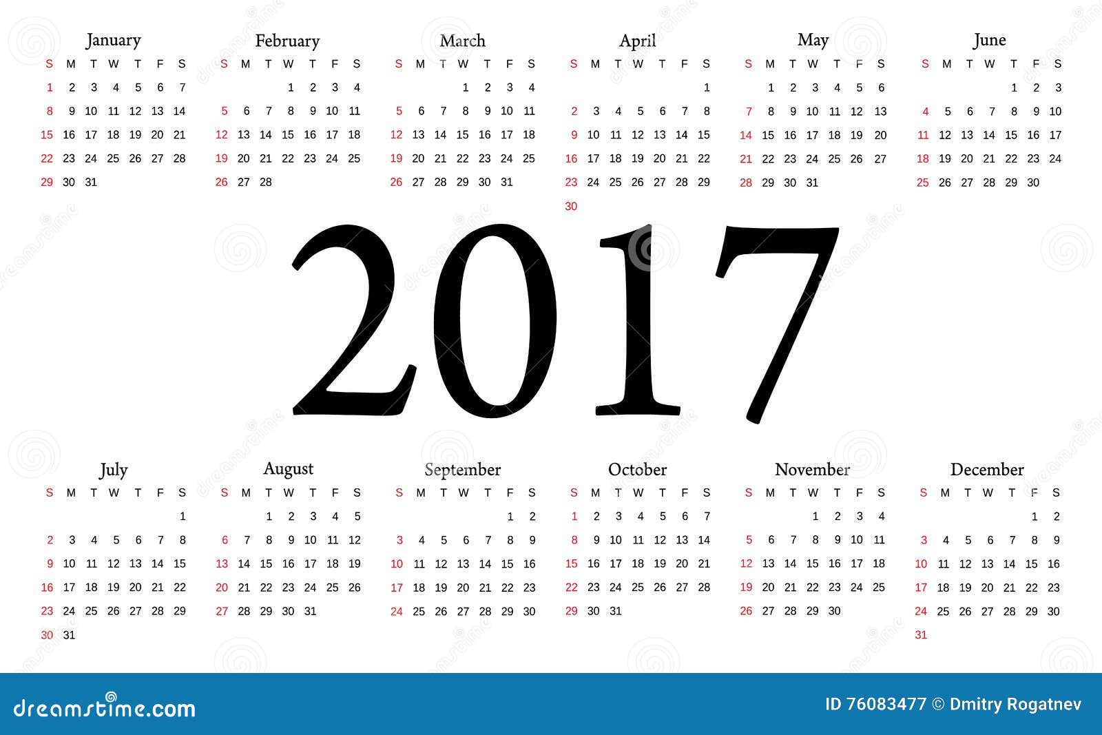 Calendar 2017. Week Starts from Sunday Stock Vector - Illustration of ...