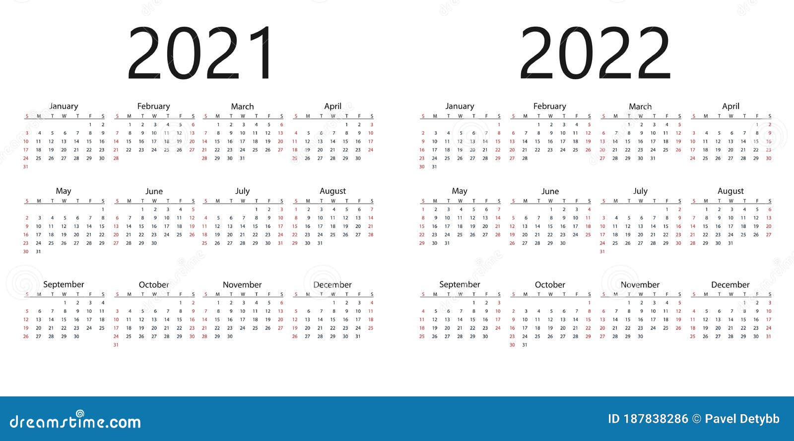 2021, 2022 Calendar, Week Starts Sunday. Vector Illustration, Flat ...