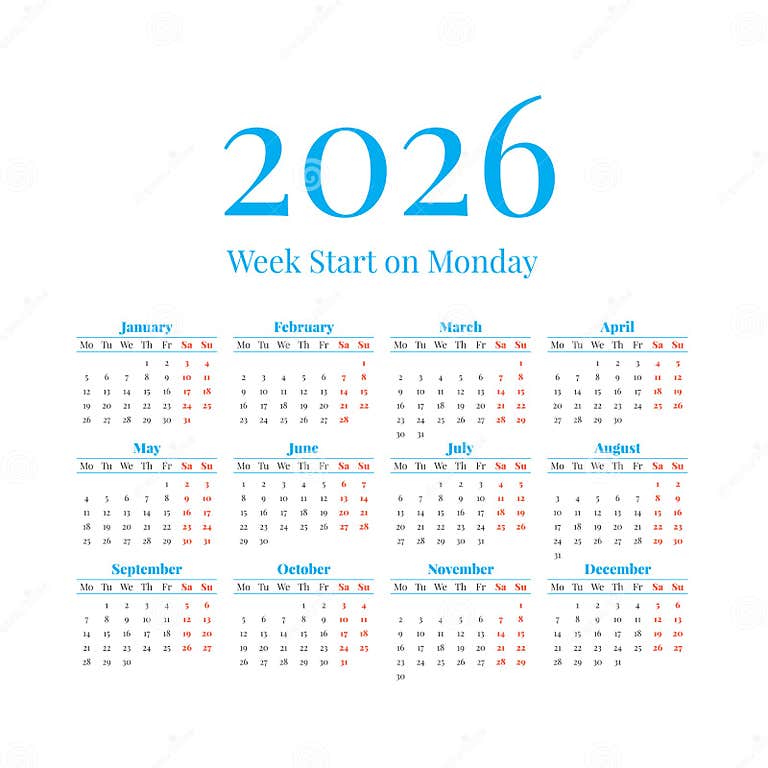 2026 Calendar with the Weeks Start on Monday Stock Vector ...