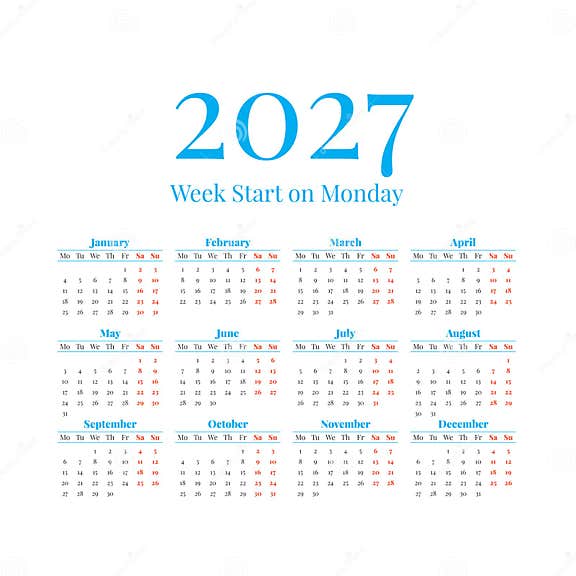 2027 Calendar with the Weeks Start on Monday Stock Vector ...