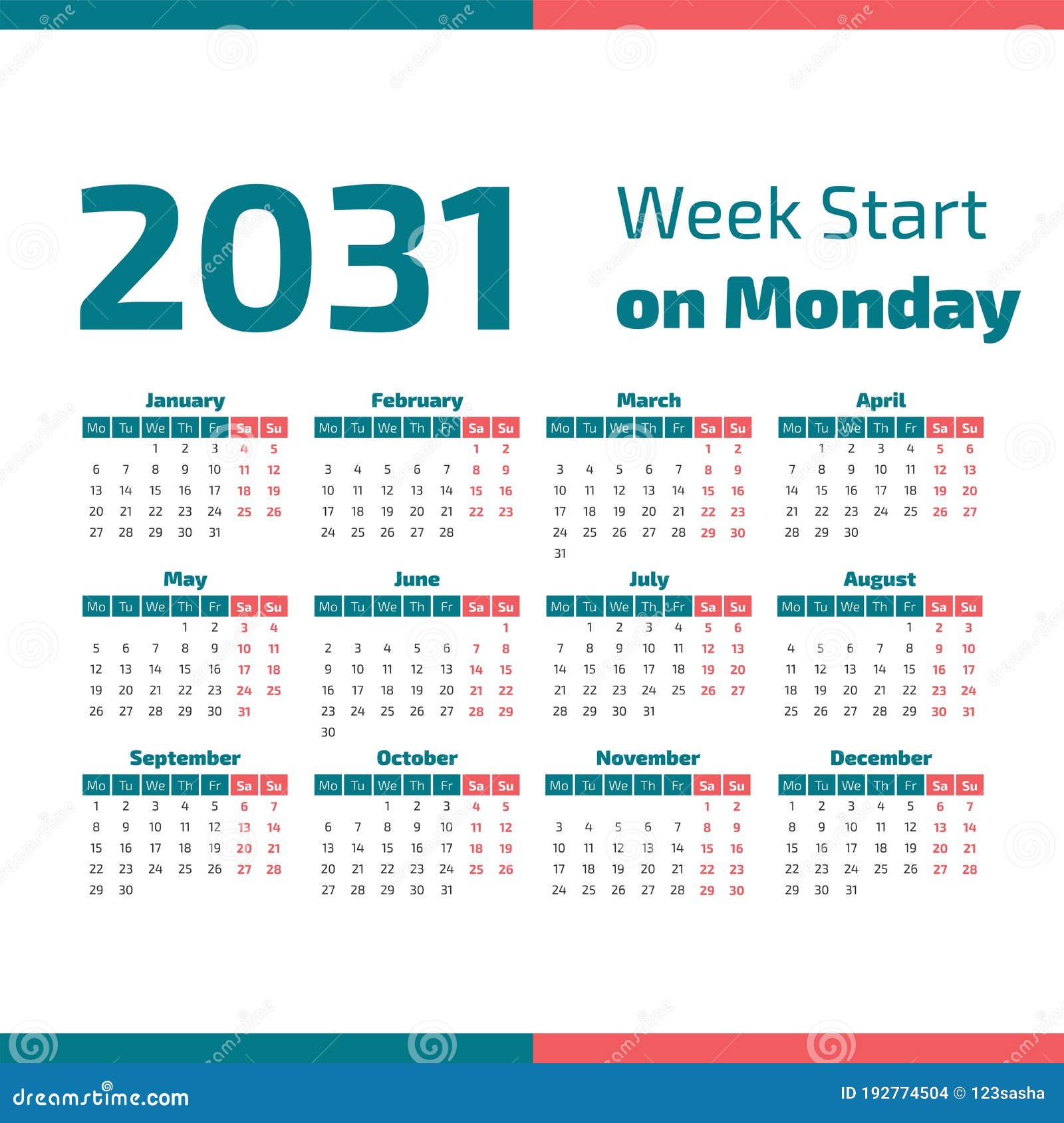 2031 Calendar with the Weeks Start on Monday Stock Vector ... 2031 Calendar with the Weeks Start on Monday Stock Vector ...