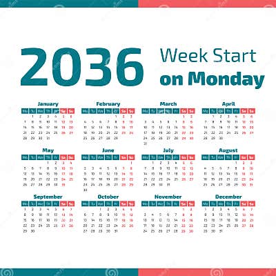 2036 Calendar with the Weeks Start on Monday Stock Vector ...