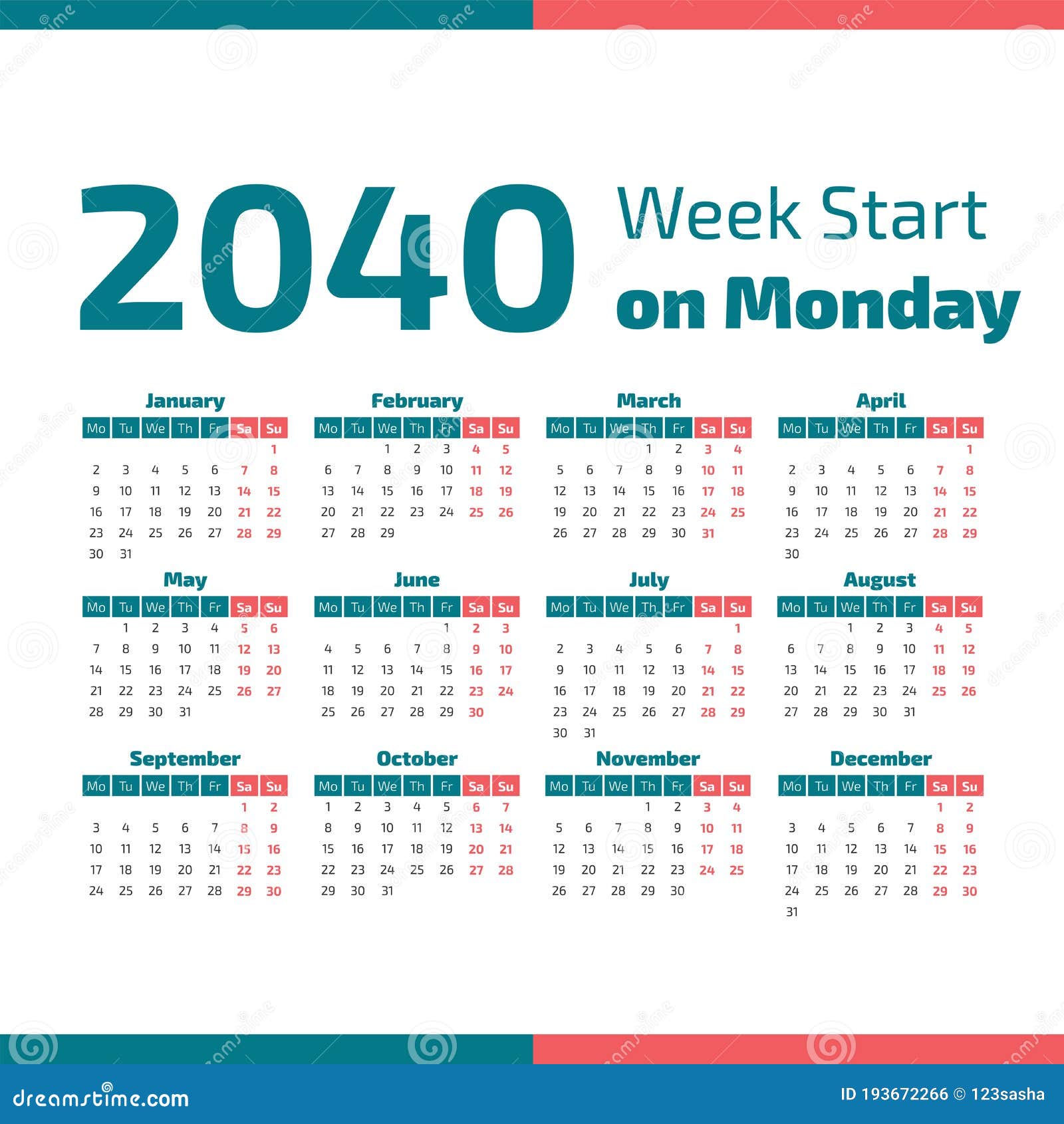 2040 Calendar with the Weeks Start on Monday Stock Vector ...
