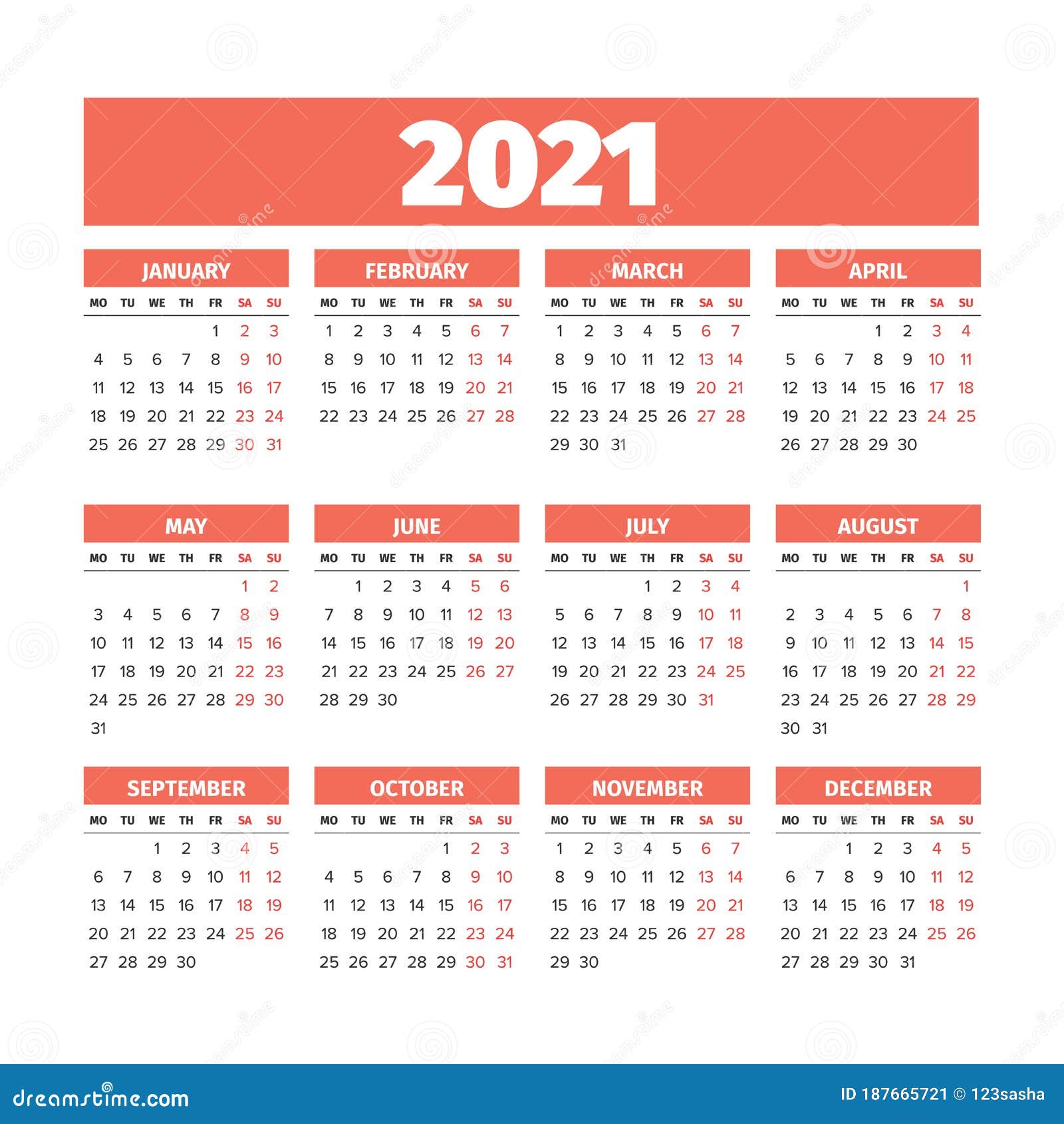 2021 Calendar with the Weeks Start on Monday Stock Vector ...