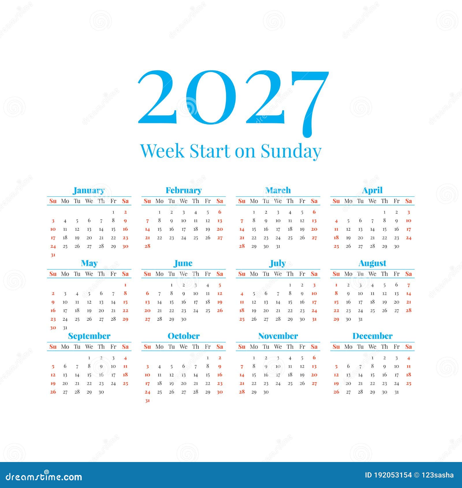 2027 Calendar with the Weeks Start on Sunday Stock Vector ...