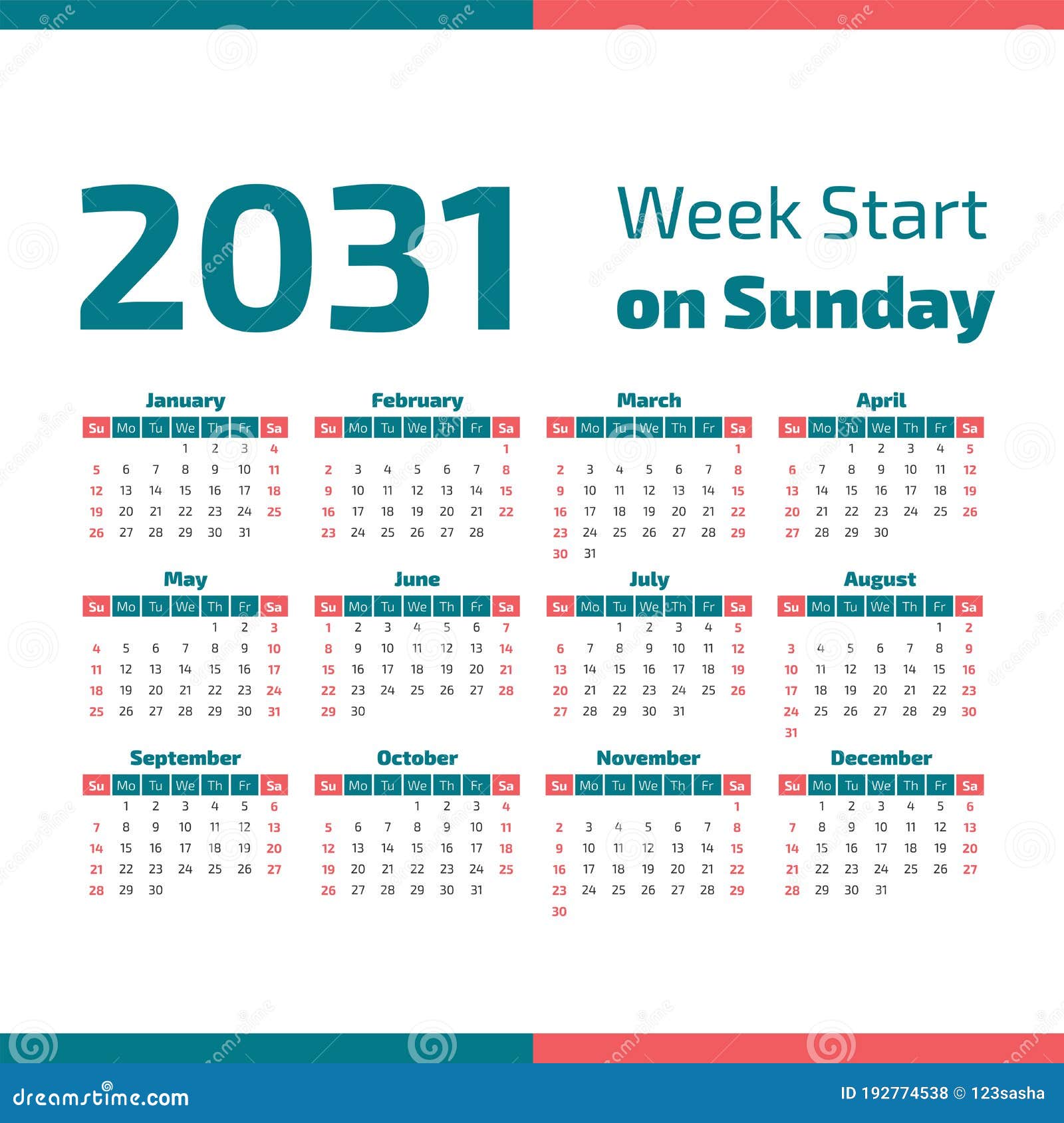 2031 Calendar with the Weeks Start on Sunday Stock Vector ...
