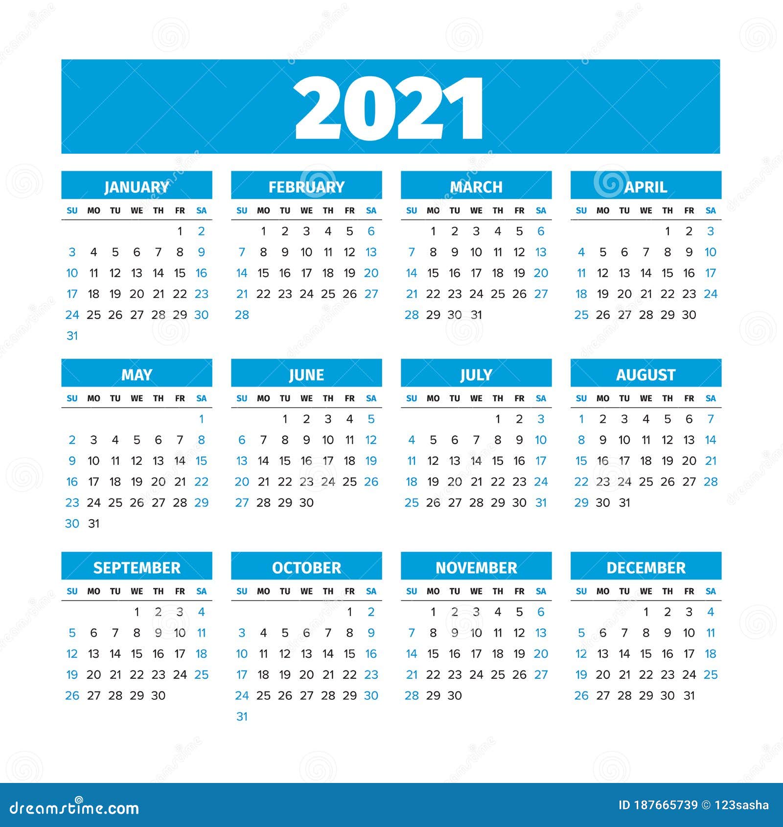 2021 Calendar with the Weeks Start on Sunday Stock Vector ...