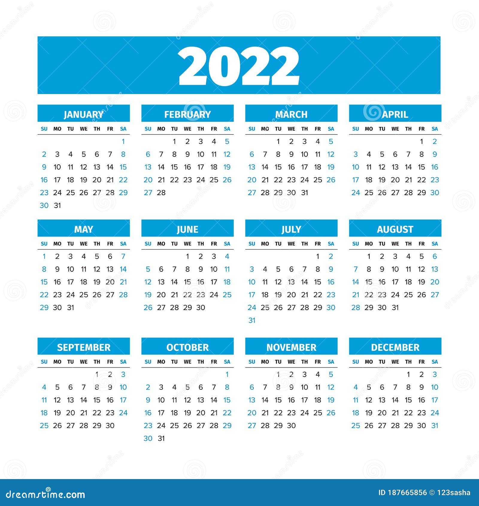2022 Calendar with the Weeks Start on Sunday Stock Vector ...