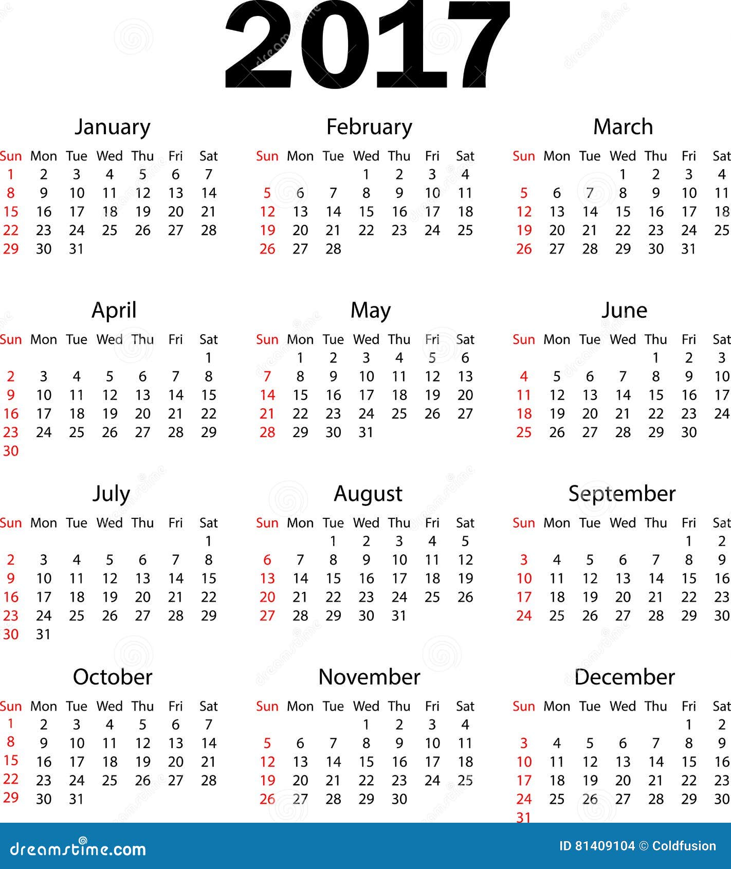 Calendar 2017. Weeks Starts from Sunday Stock Vector - Illustration of ...