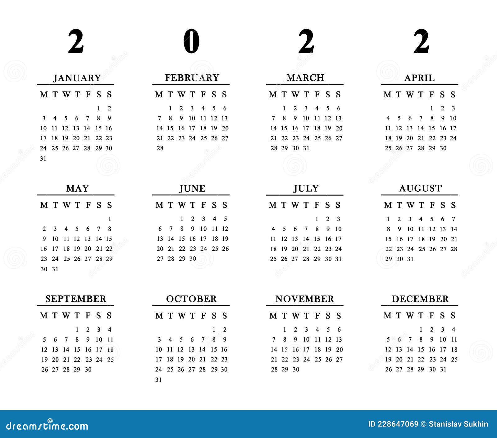 Calendar for 2022 on White Background.12 Months Yearly Calendar Set in ...