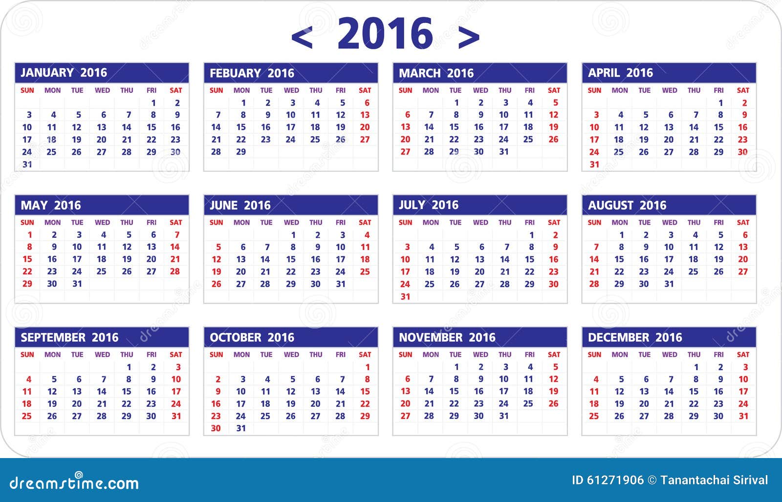 Calendar of 2016 stock vector. Illustration of event - 61271906