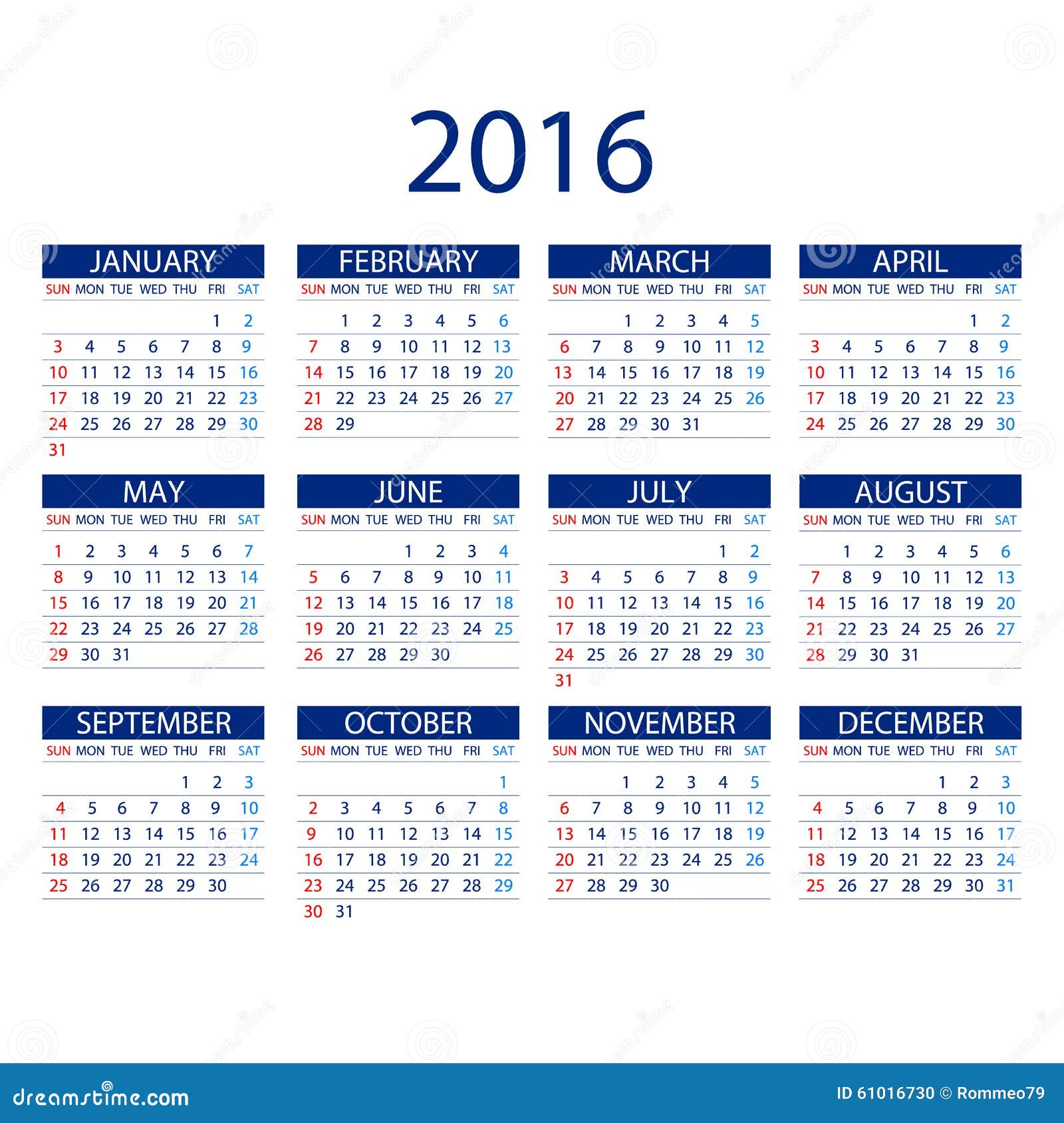 Calendar for 2016 on White Background. Week Starts Monday Stock Vector ...