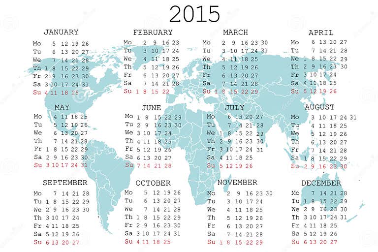 2015 Calendar with World Map Stock Illustration - Illustration of march ...