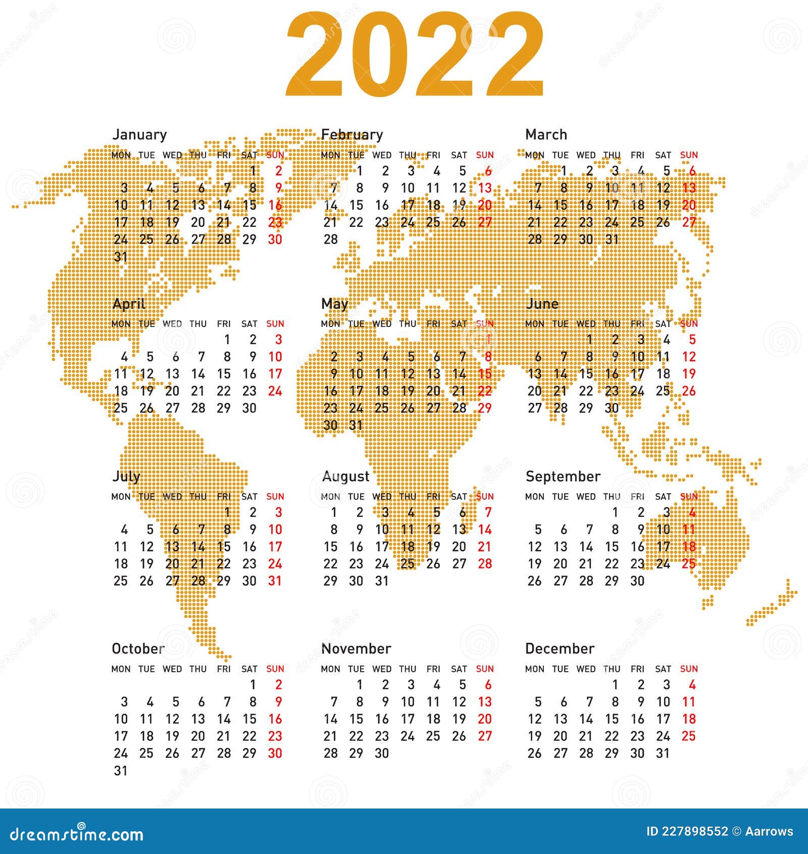 Calendar 2022 with World Map. Week Starts on Monday Stock Vector ...