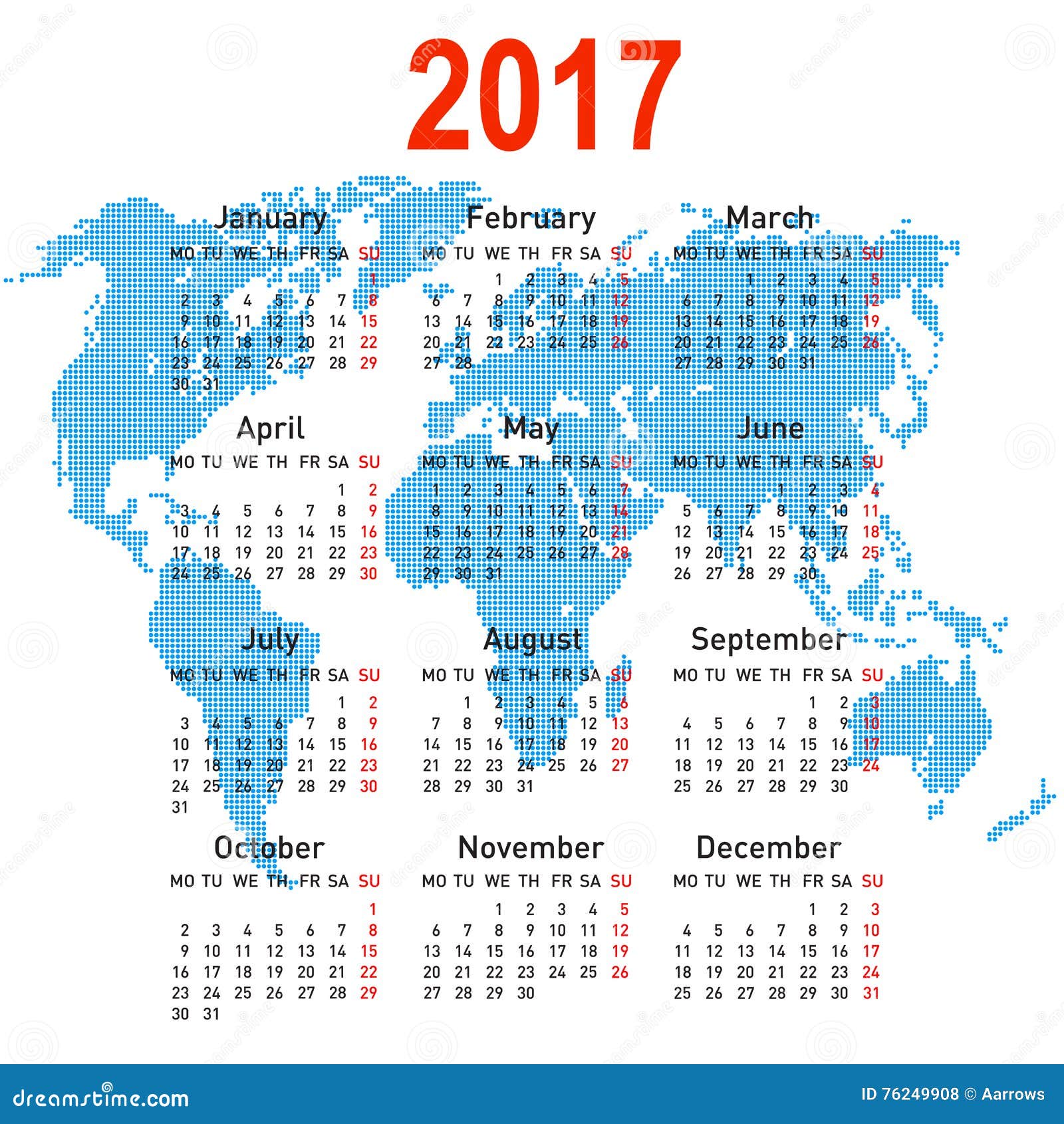 Calendar 2017 with World Map. Week Starts on Monday. Stock Vector ...