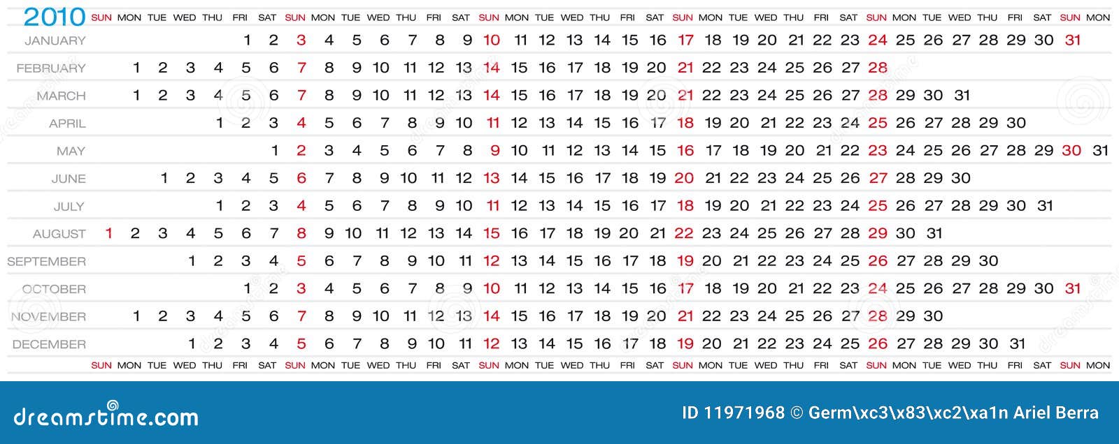 Calendar for year 2010 stock vector. Illustration of annual - 11971968