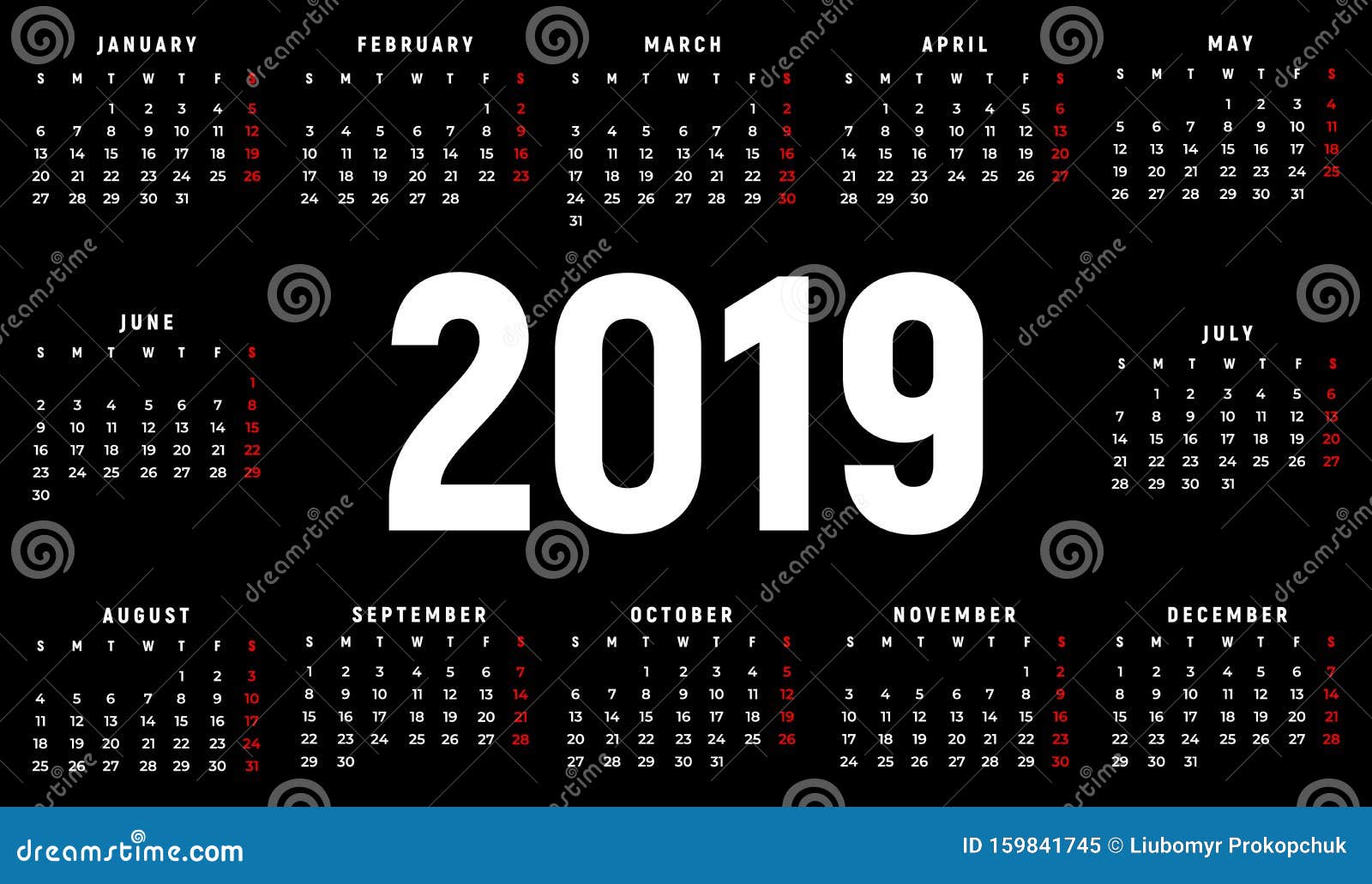 Calendar 2019 Year. Black and White Vector Template. Week Starts on ...