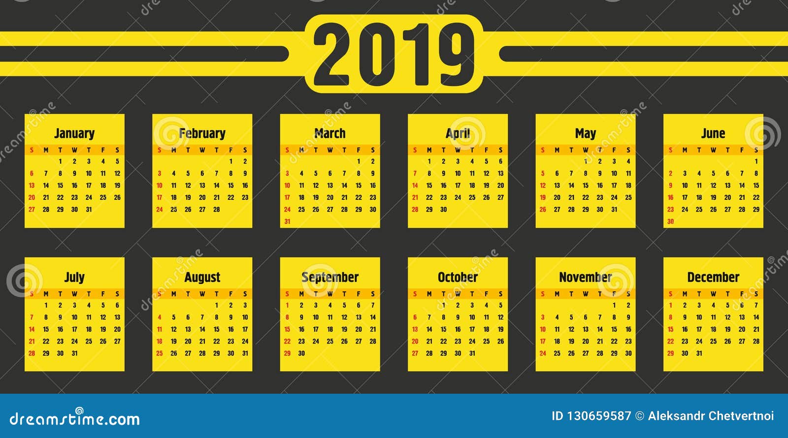 Calendar 2019 Year. Black and Yellow Vector Template. Week Starts on ...