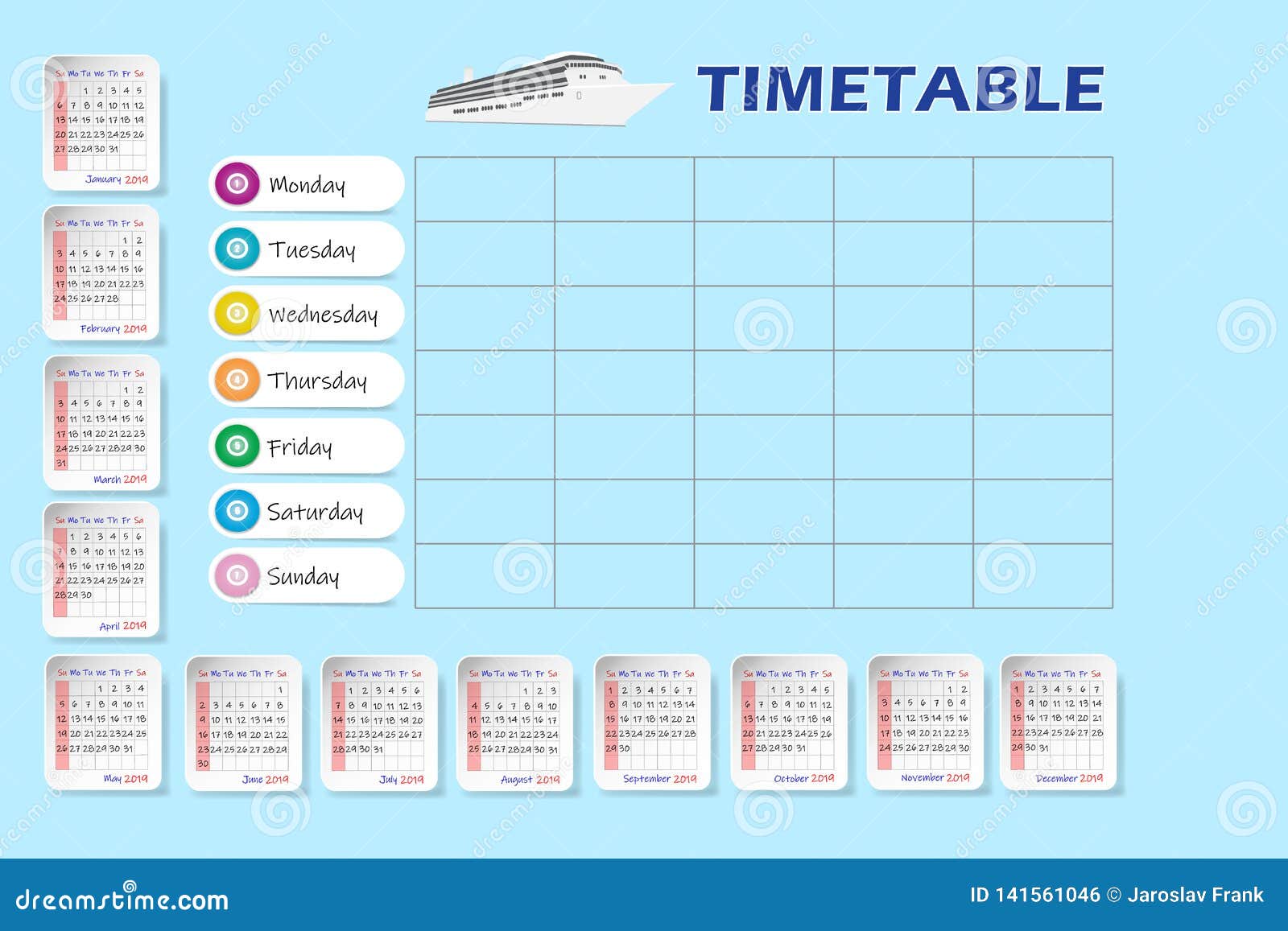 Calendar for Year 2019 and Blank Weekly Shipping Timetable Stock Vector ...
