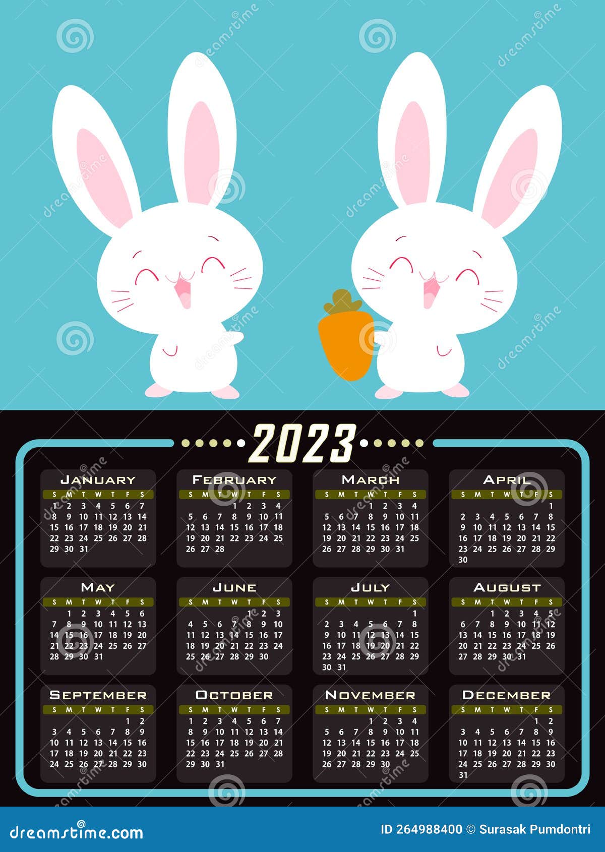 Calendar of the Year 2023 on Blue Background There are Two Rabbits ...