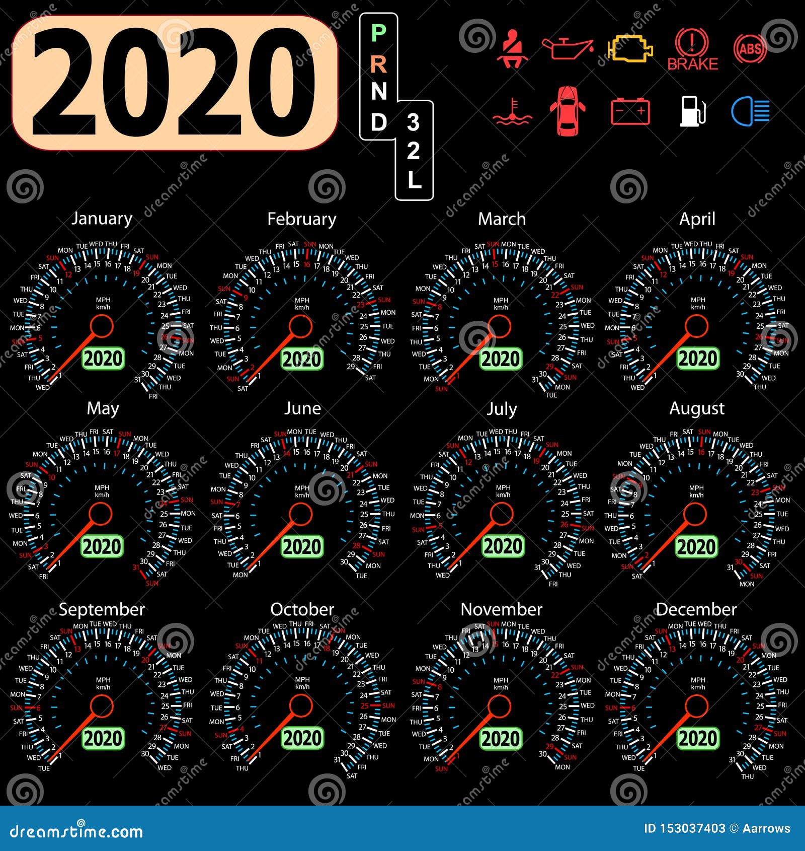 Calendar 2020 Year from the Car Dashboard Speedometer Stock Vector ...
