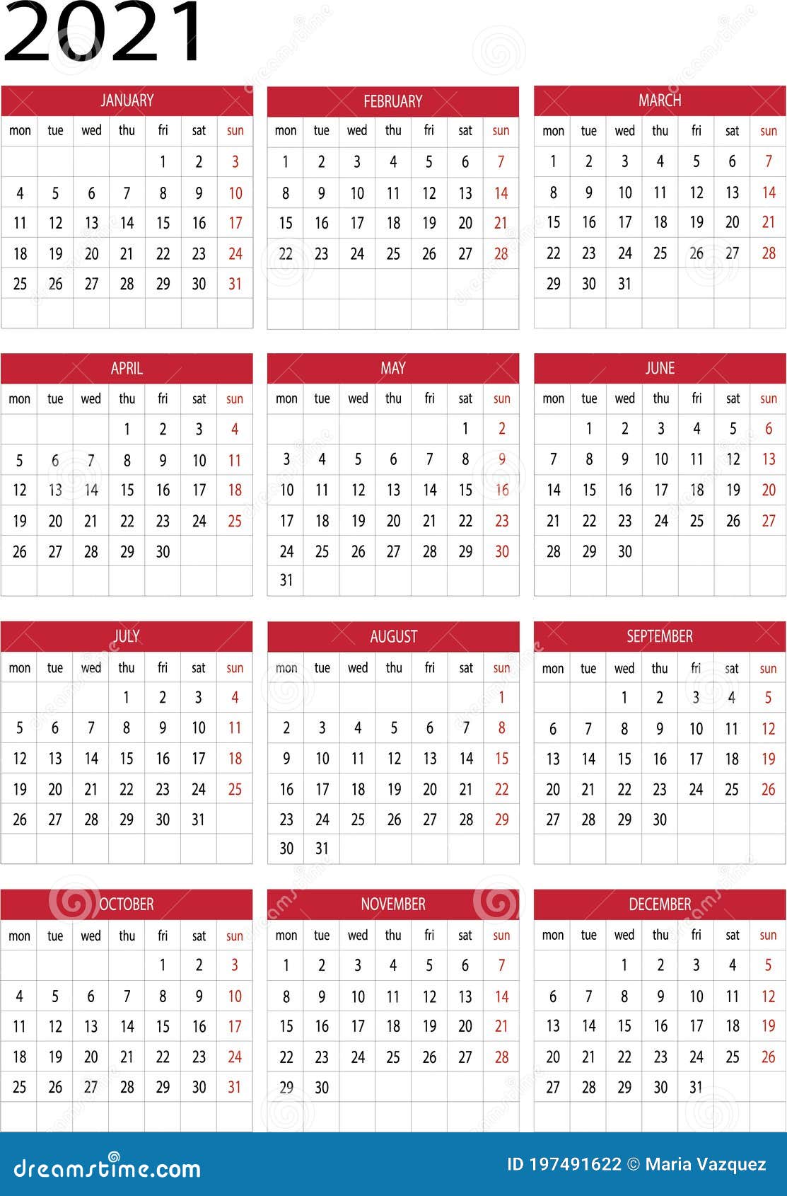 Calendar year 2021 stock vector. Illustration of date - 197491622