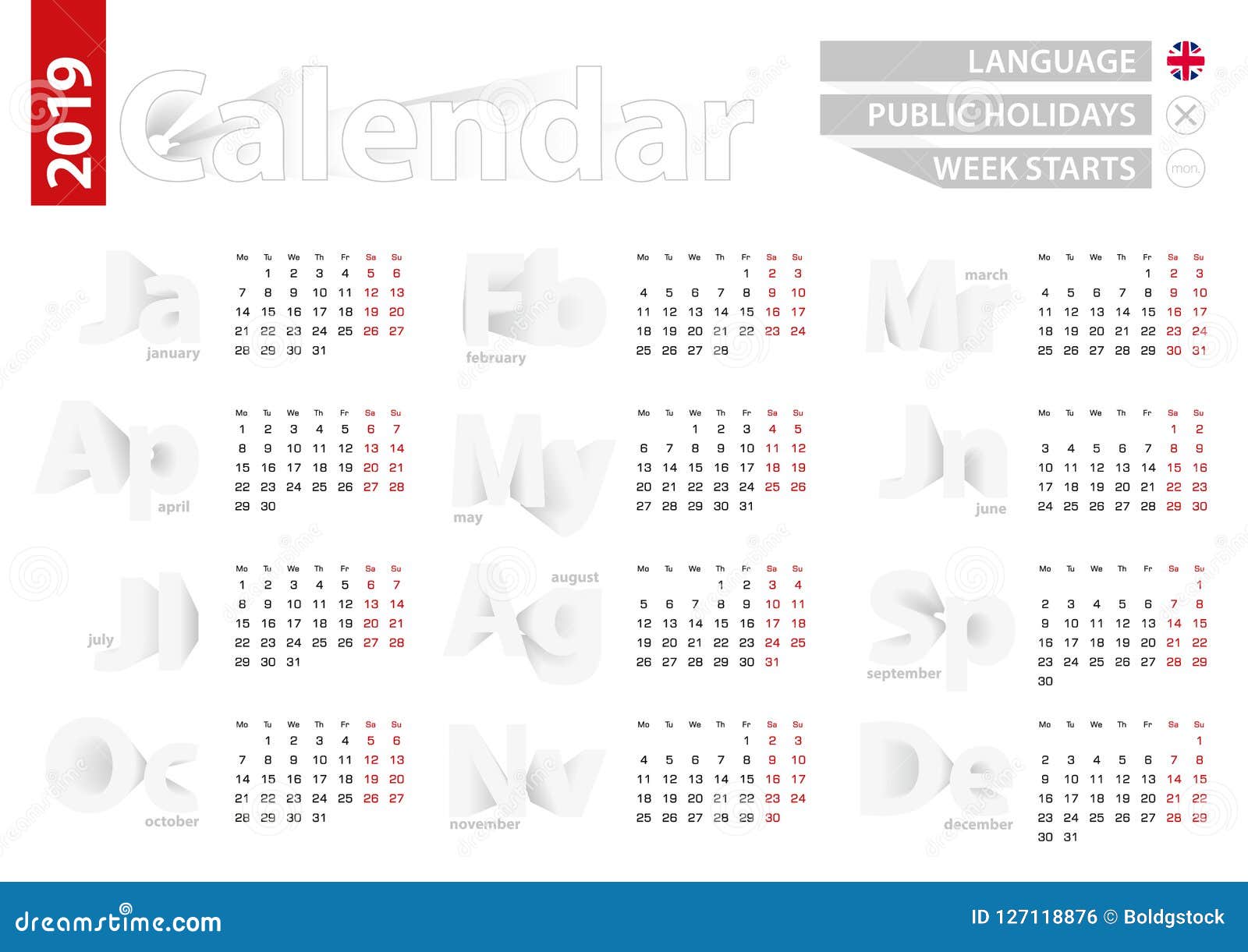Calendar for 2019 Year in English Language, Gray Vector Calendar Stock ...