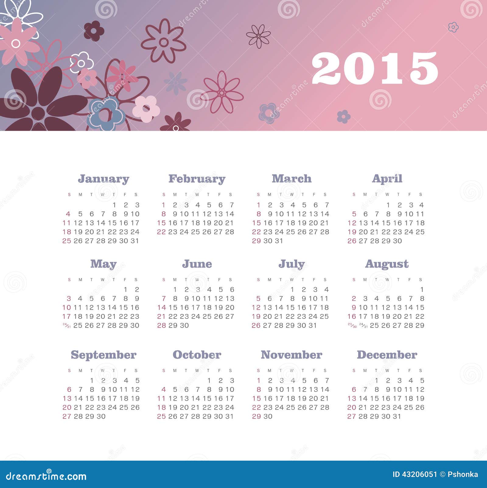 Calendar 2015 Year with Flowers Stock Vector - Illustration of november ...
