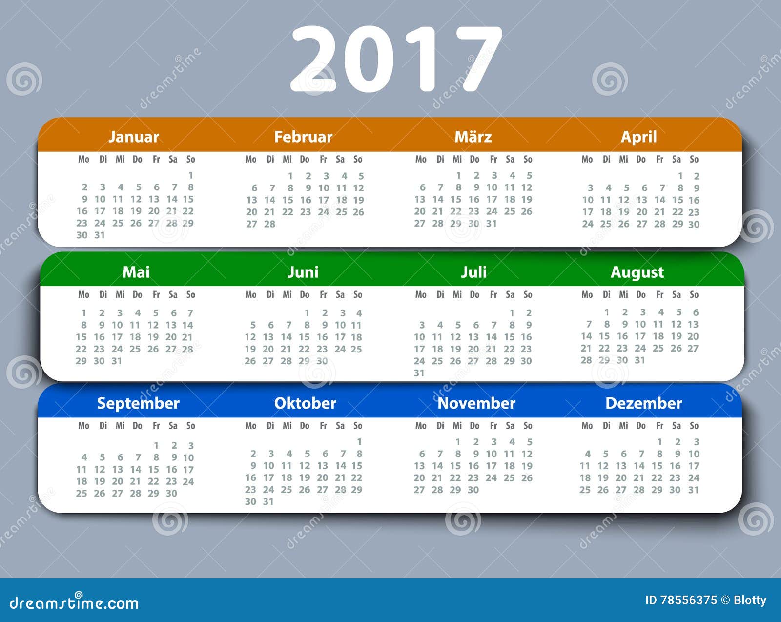 Calendar 2017 Year German. Week Starting on Monday Stock Vector ...