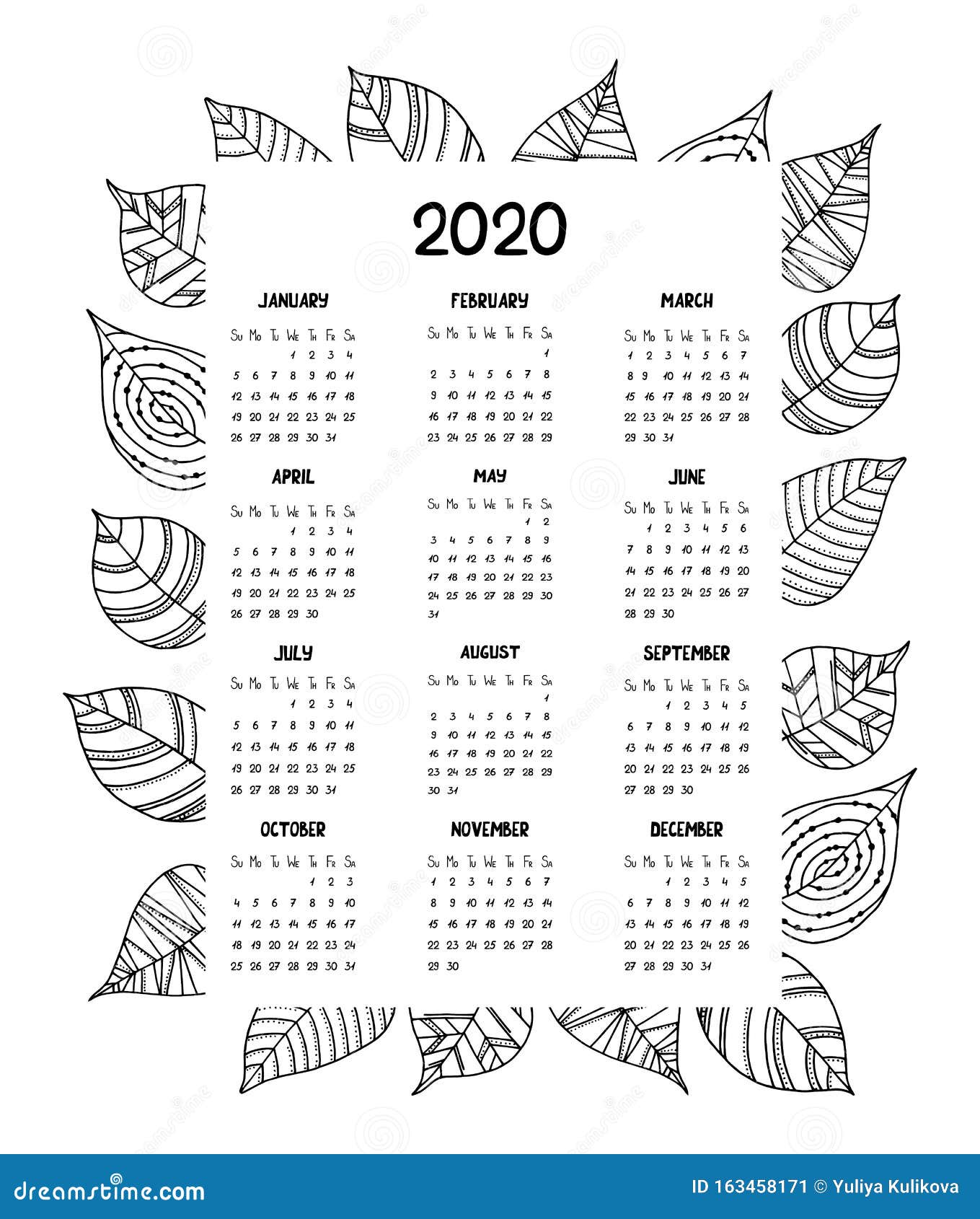 Calendar for the Year 2020 with Hand Drawn Decorative Leaves. Stock ...