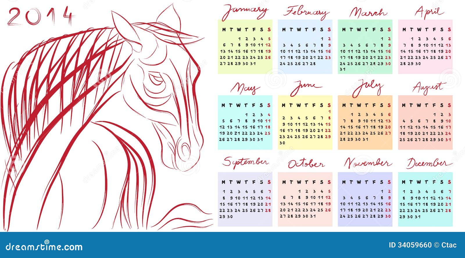 Horse Calendar 2026 With Animal Mascot Horizontal Template Mare Or ...