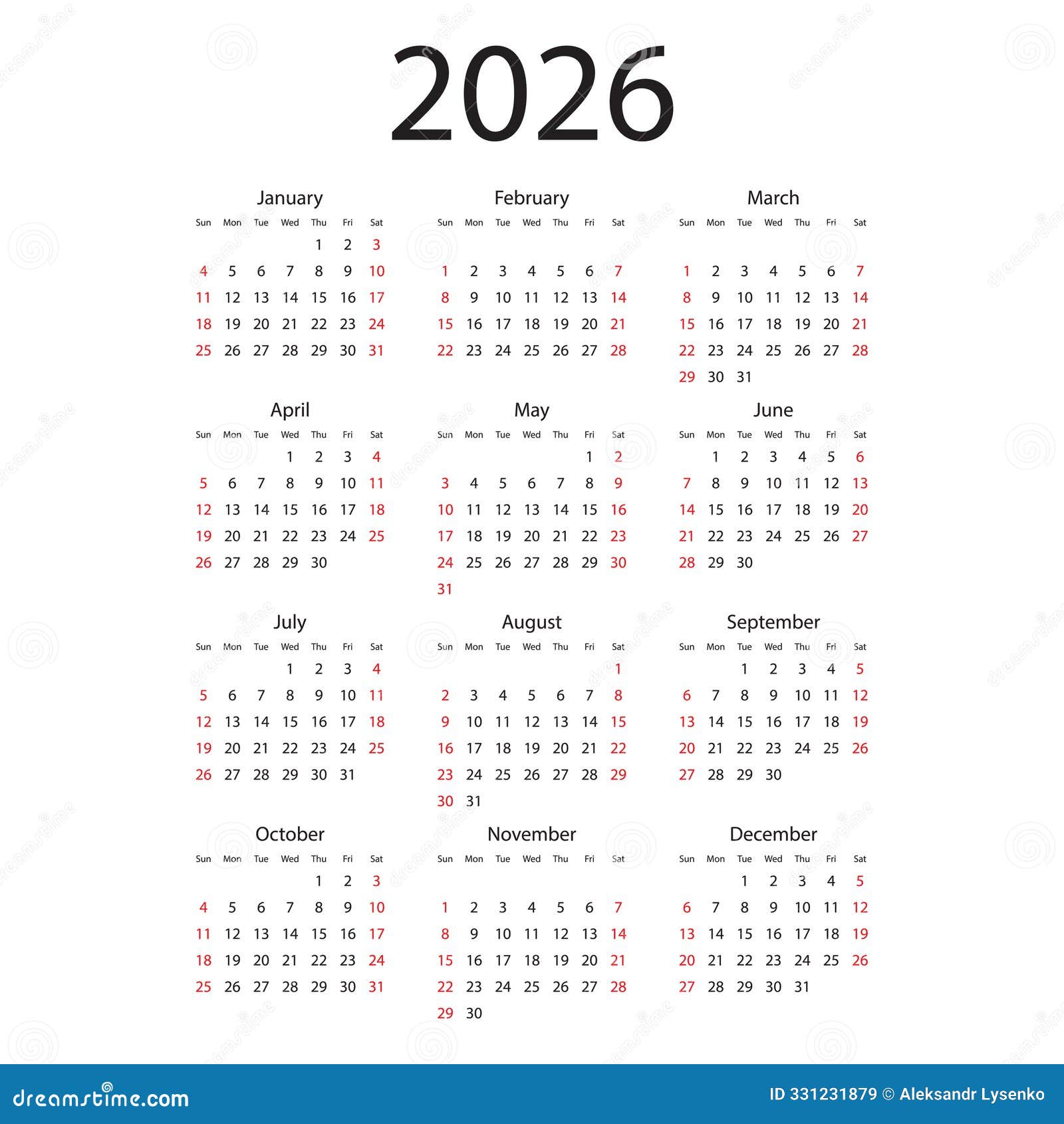 Calendar 2026 Year Vector Illustration, Set Of 12 Calendar, Week Starts ... Calendar 2026 Year Vector Illustration, Set Of 12 Calendar, Week Starts ...