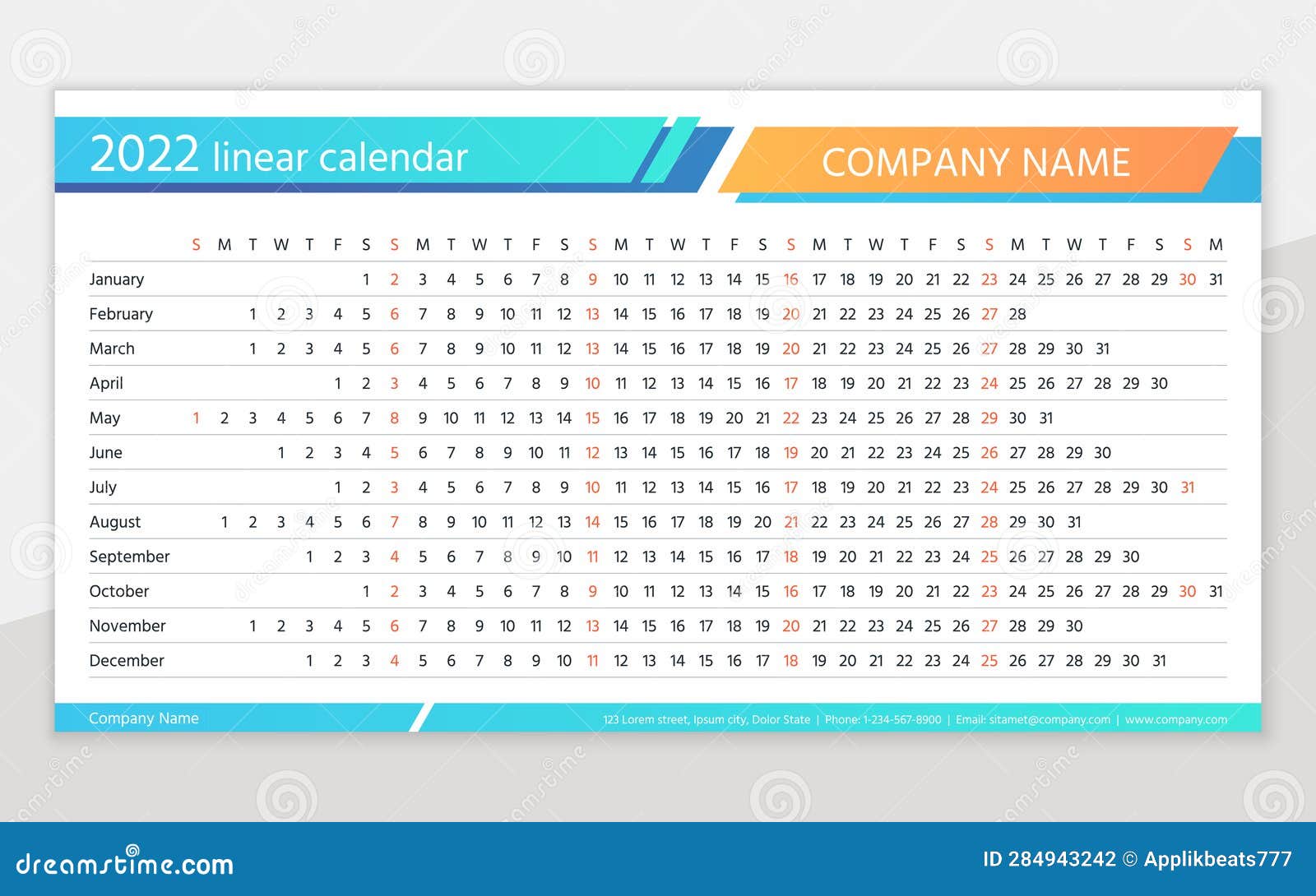 2022 Calendar Grid. Linear Planner Template. Vector Illustration Stock ...