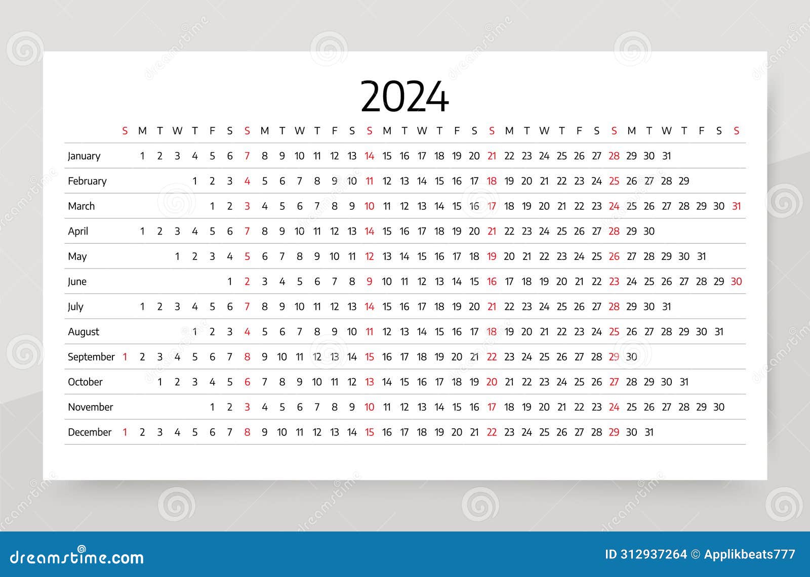 2024 Linear Calendar. Linear Horizontal Planner Desktop Calendar For ...