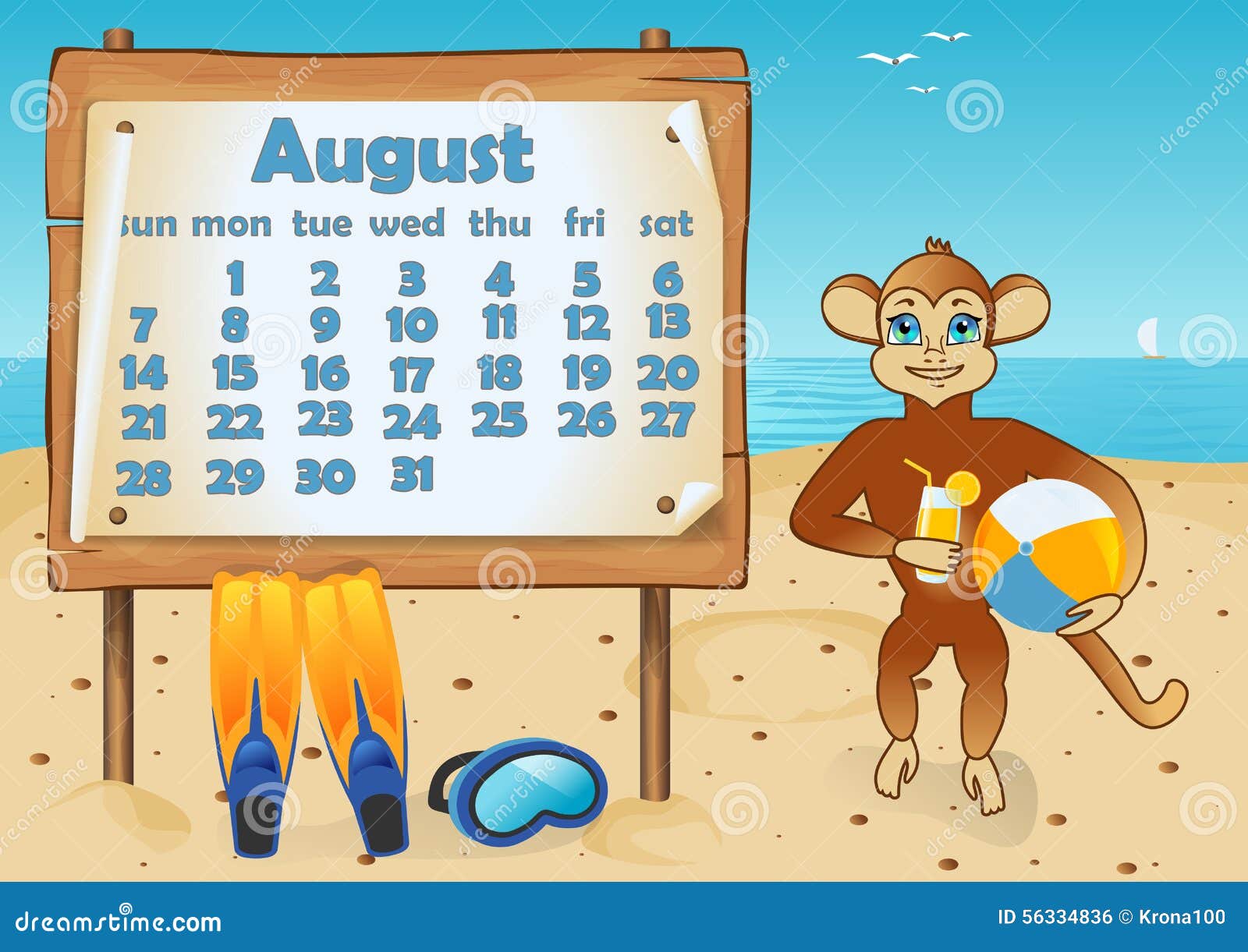 Calendar 2016 Year with Monkey. August Stock Vector - Illustration of ...