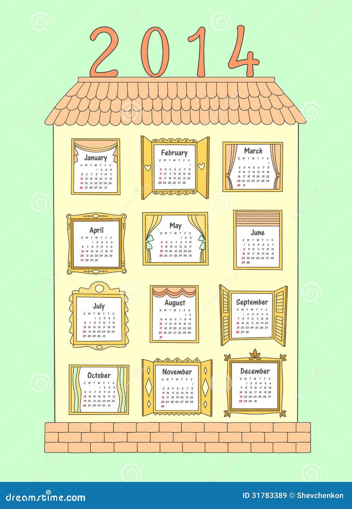 Calendar for the Year 2014. a Painted House with Windows. Stock ...